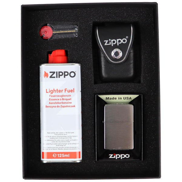 ZIPPO brushed chrome lighter in set w. ZIPPO leather pouch black w. lo ...