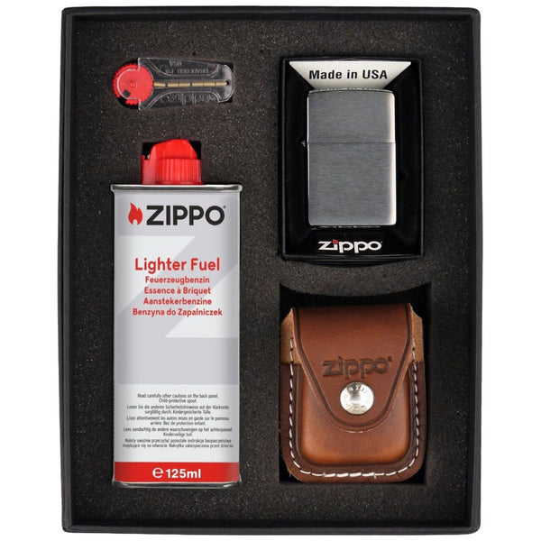 ZIPPO brushed chrome lighter in set w. ZIPPO leather pouch brown w. lo ...